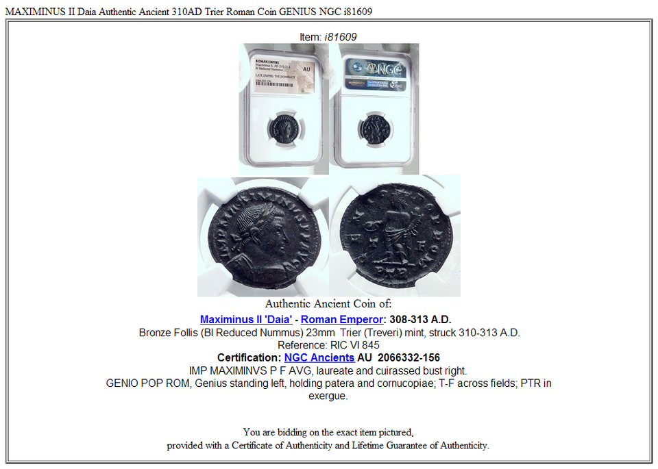 MAXIMINUS II Daia Authentic Ancient 310AD Trier Roman Coin GENIUS NGC ...