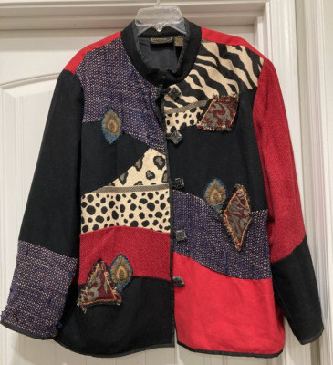 Alex Kin Embroidered Jacket Mixed Material Colorblock Artsy Funky Boho ...