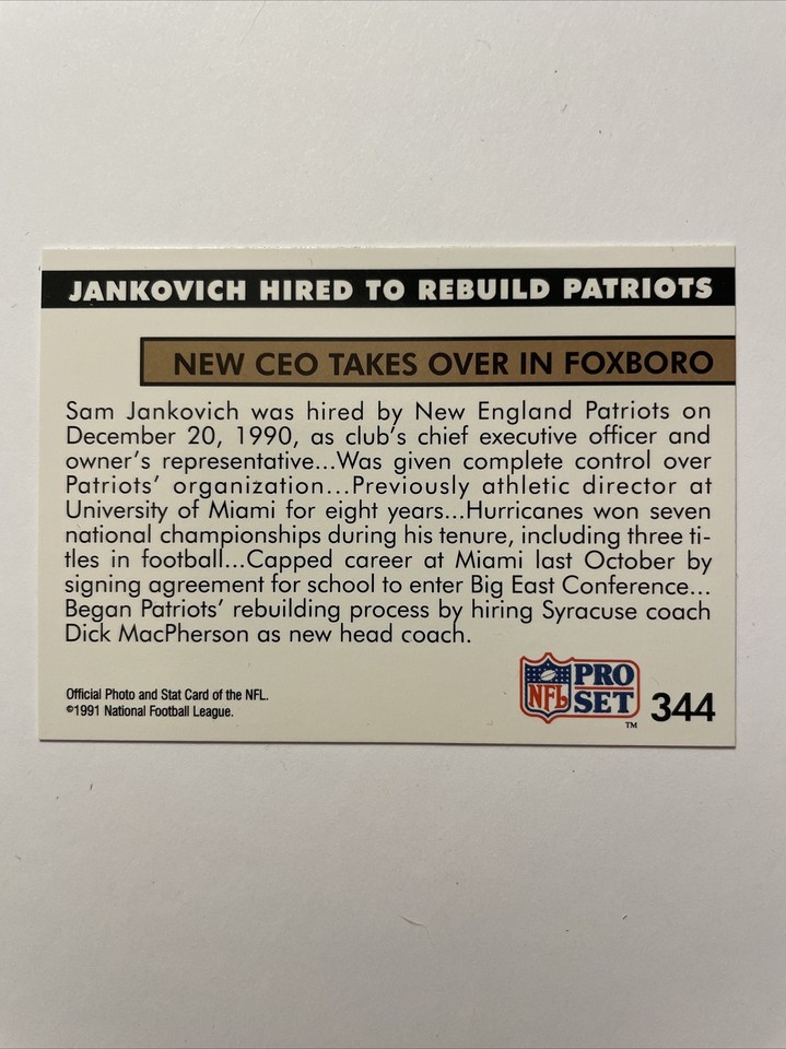1991 Pro Set #344 Sam Jankovich New England Patriots Football Cards ID ...