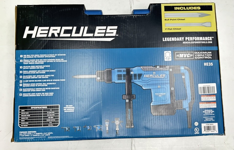Hercules HE35 14 Amp 1-7/8" SDS Max Variable Speed Rotary Hammer Brand ...