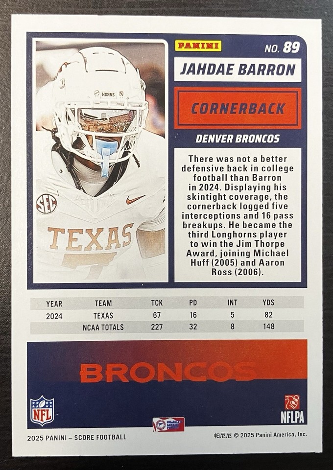 2025 Panini Score Red #89 Jahdae Barron Rookie Card (RC) Denver Broncos ...