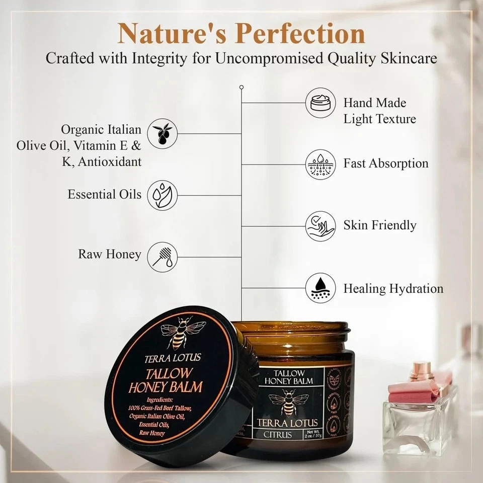NEW! Terra Lotus ORGANIC Beef Tallow Balm Raw Honey Citrus Moisturizing ...