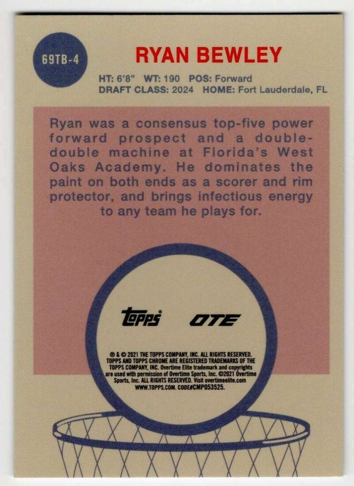 RYAN BEWLEY RC 2021-22 Topps Chrome OTE 1969 Basketball Refractor #69TB ...