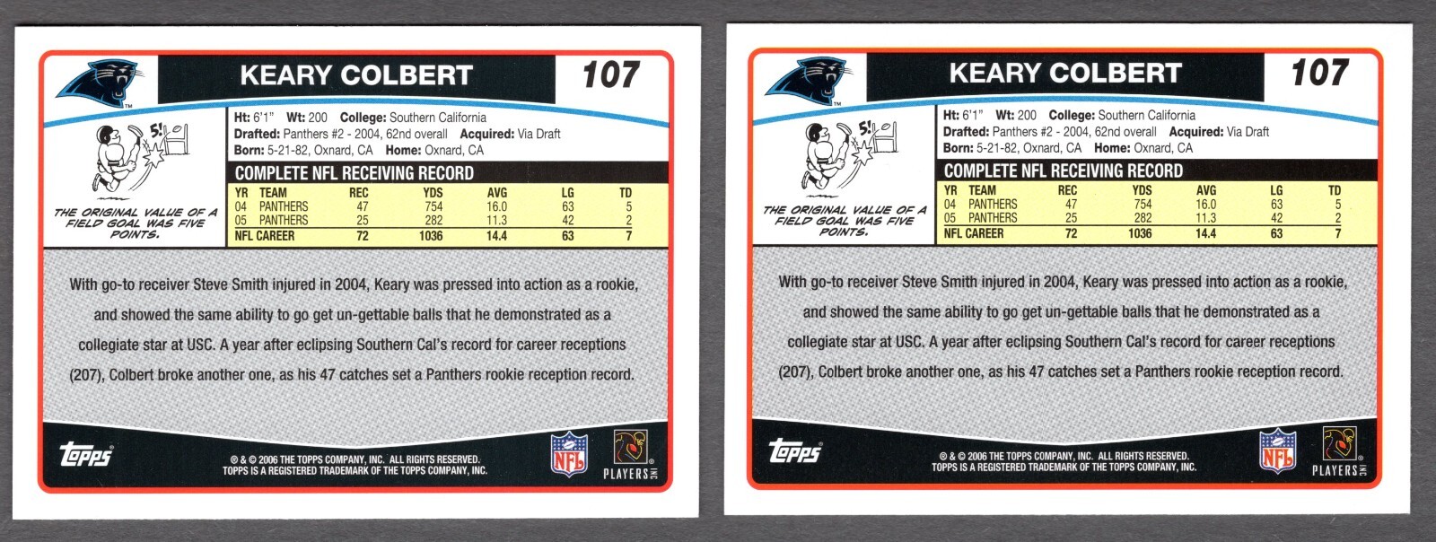(2) 2006 TOPPS KEARY COLBERT CARD #107 LOT **NM-MT** CAROLINA PANTHERS ...