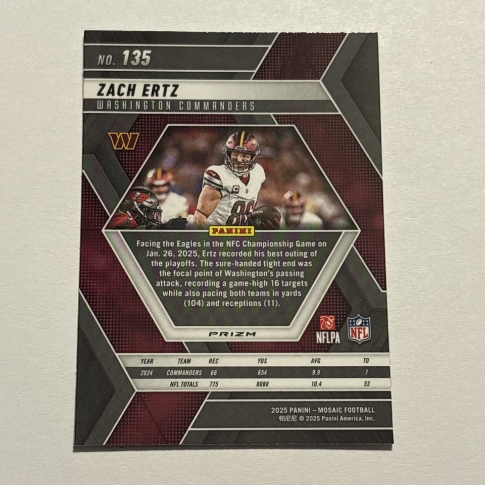 Zach Ertz 2025 Panini Mosaic Mosaic Refractor Parallel #135 Commanders ...