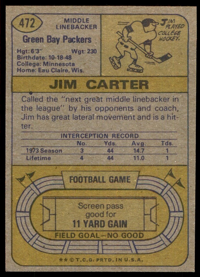1974 Topps Jim Carter Football Card Green Bay Packers #472 | eBay