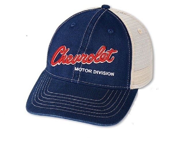 MEN'S CHEVY HAT/CAP BLUE DENIM MESH CHEVROLET MOTOR DIVISION WEATHERED ...
