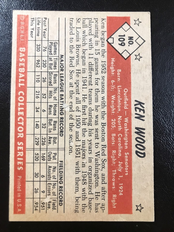 Ken Wood 1953 Bowman Color Vintage Baseball Card #109 SHARP CLEAN ...