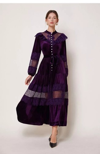 Robe Femme Élégante Longue Douce Décolletée Satin Violet Velours GIPSY ...