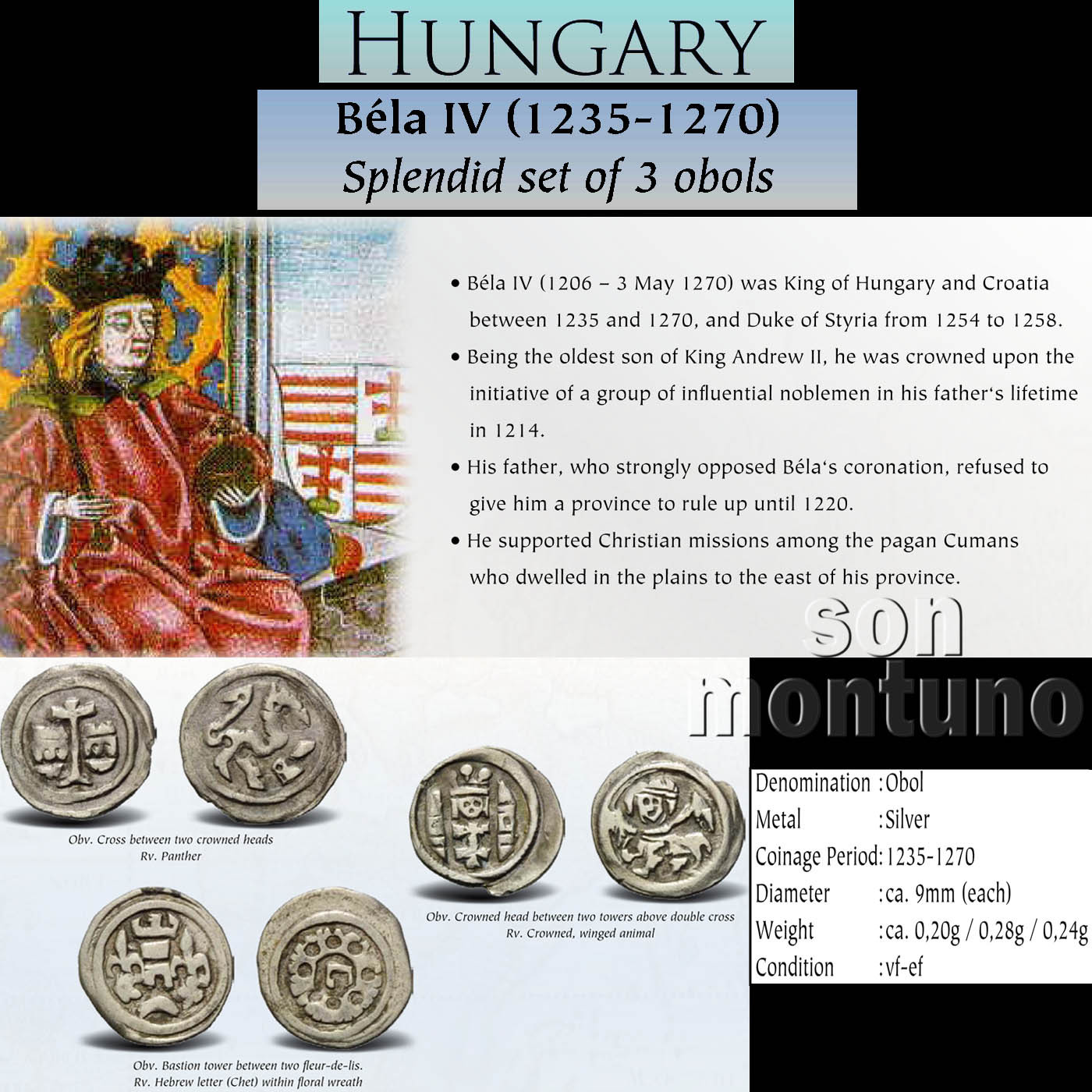 Set of 3 Medieval Silver Obol Coins in Box with COA Bela IV Hungary ...