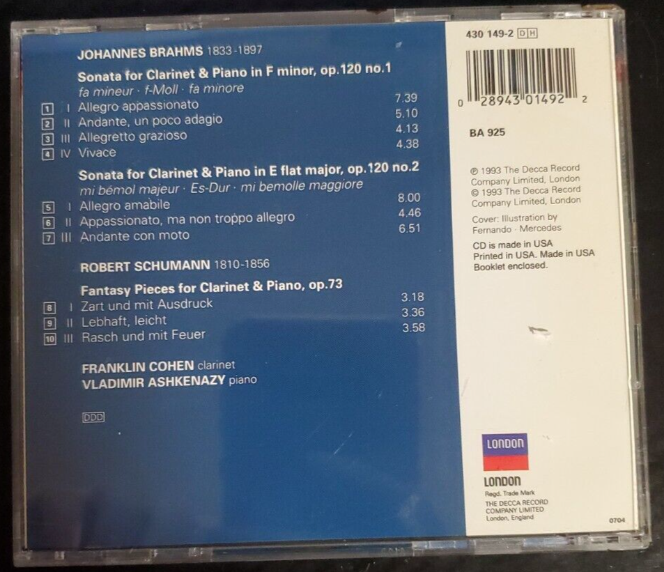 Brahms: Clarinet Sonatas 1 & 2 / Cohen, Ashkenazy by Franklin Cohen (CD ...