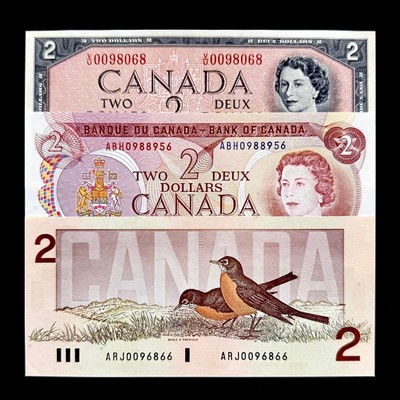 Bank Of Canada Banknotes 1954 1974 1986 Two 2 Dollar Paper Money Bill ...