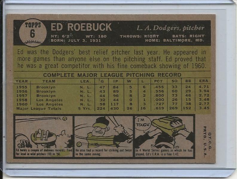 1961 Topps Baseball Card Ed Roebuck Pitcher Los Angeles Dodgers Near ...
