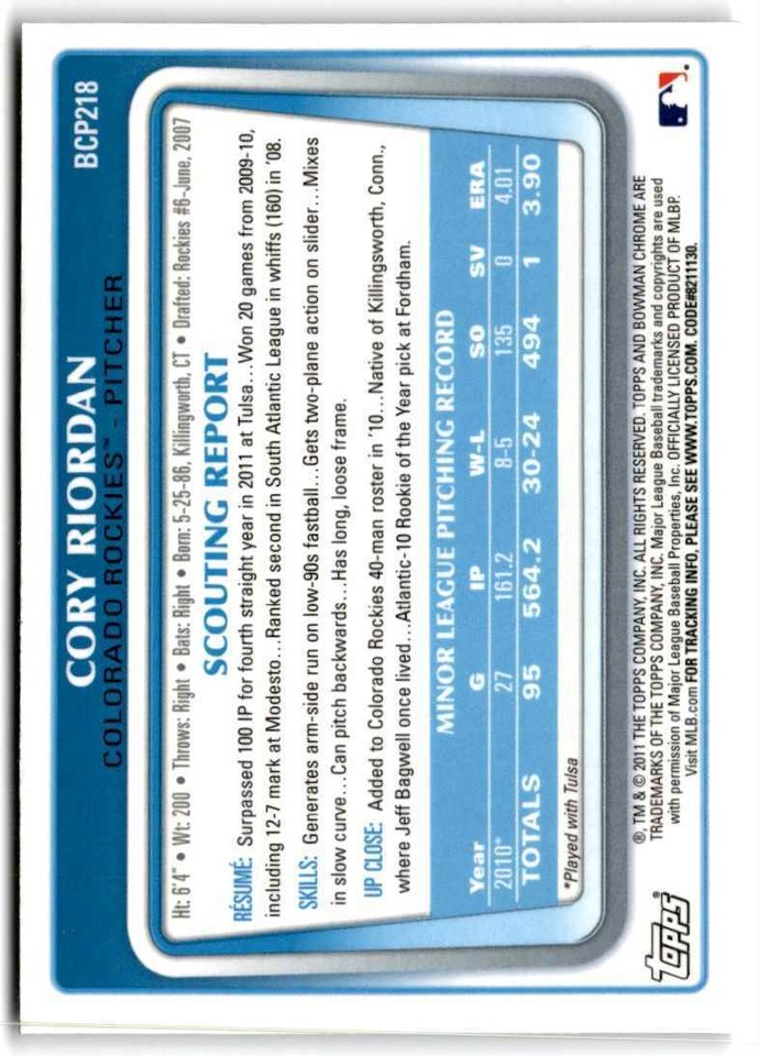 2011 Bowman Chrome Prospects Cory Riordan b Colorado Rockies #BCP218 | eBay