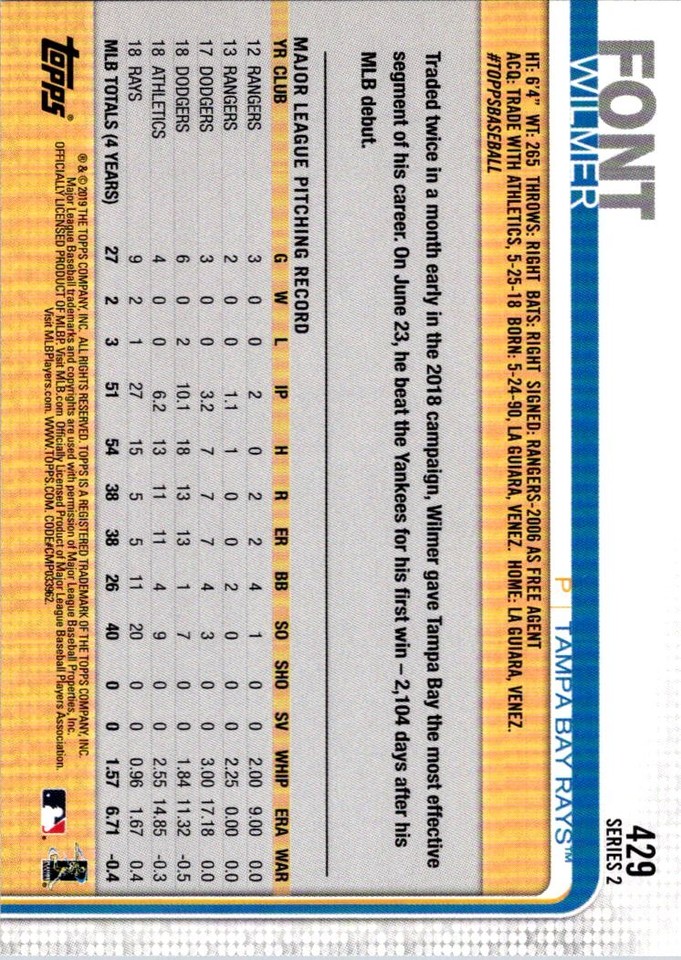 2019 Topps Wilmer Font #429 Tampa Bay Rays | eBay