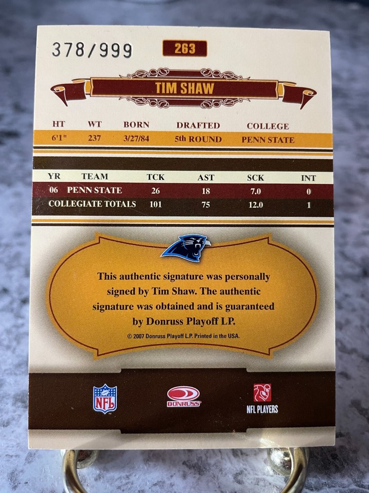 2007 Donruss Classics TIM SHAW Rookie AUTOGRAPH Penn State Panthers ...