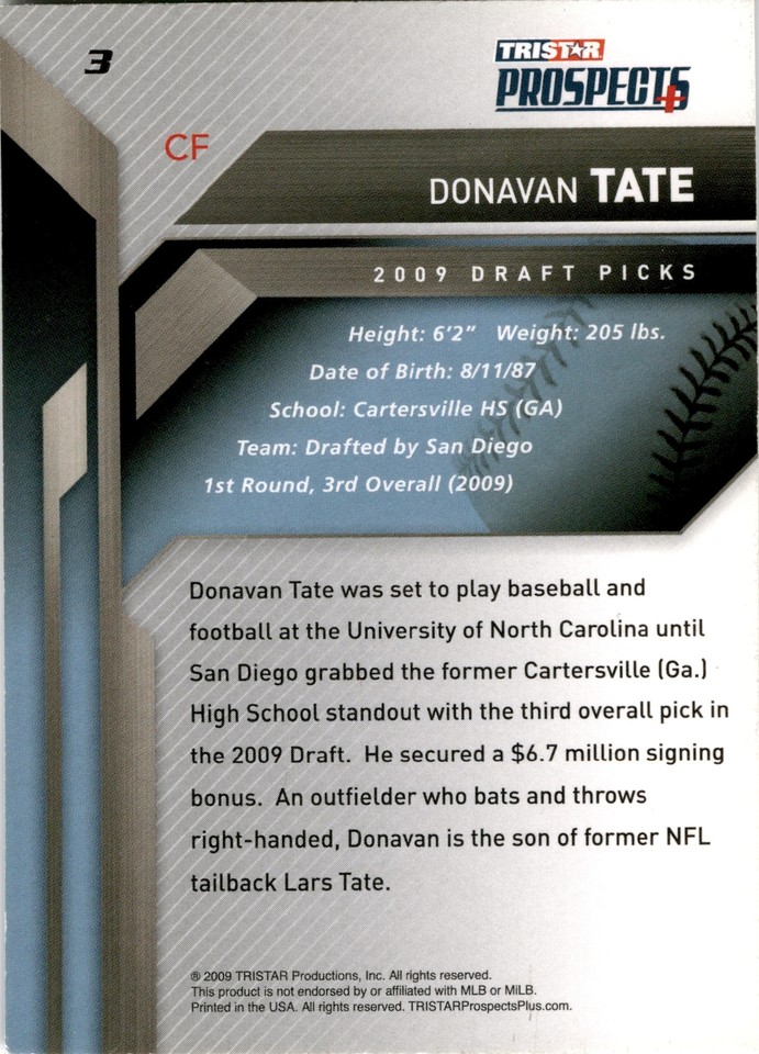 2009 TriStar Prospects Plus #3a Donavan Tate AUTOGRAPH RARE! | eBay