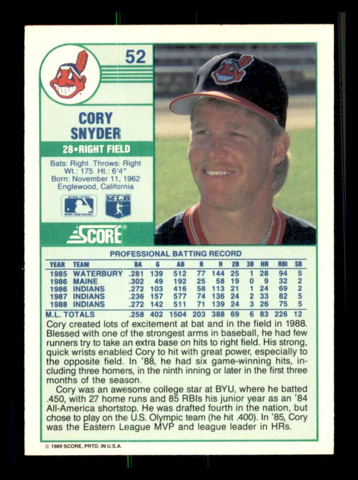 1989 Baseball 1989 Score Cory Snyder Cleveland Indians #52 1 | eBay