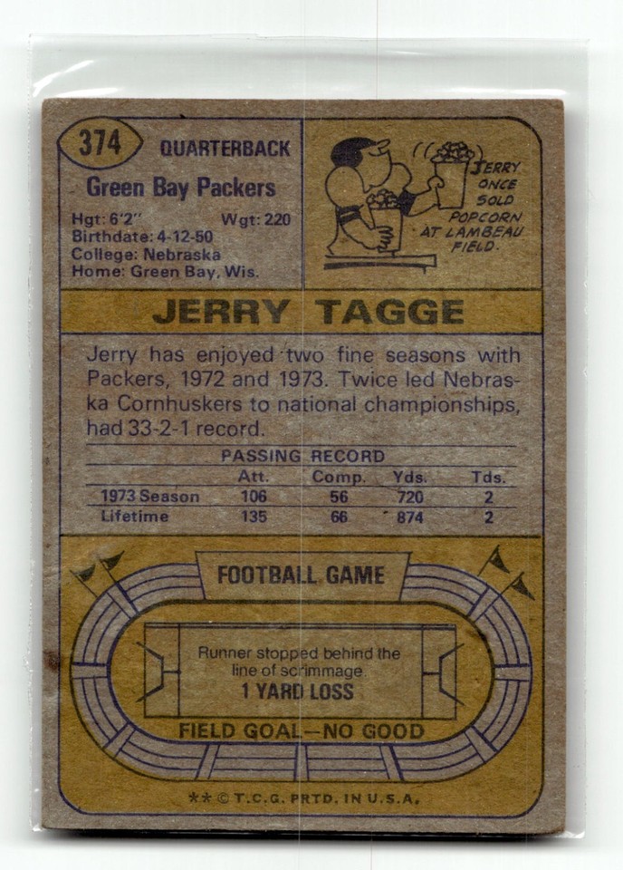 1974 Topps Football Card #374 NFL Jerry Tagge Green Bay Packers | eBay