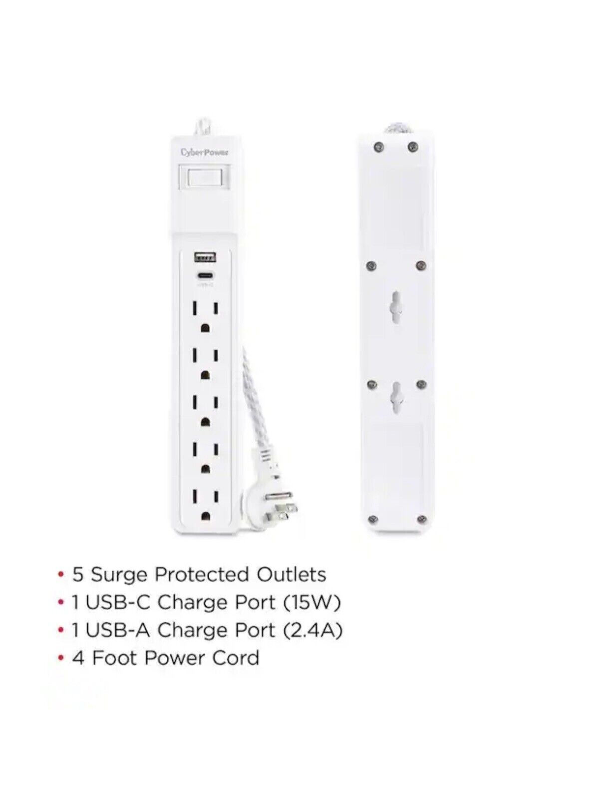 CYBERPOWER P504UC SURGE STRIP PROTECTOR 5 OUTLETS+ USB USBC A, 4 ...