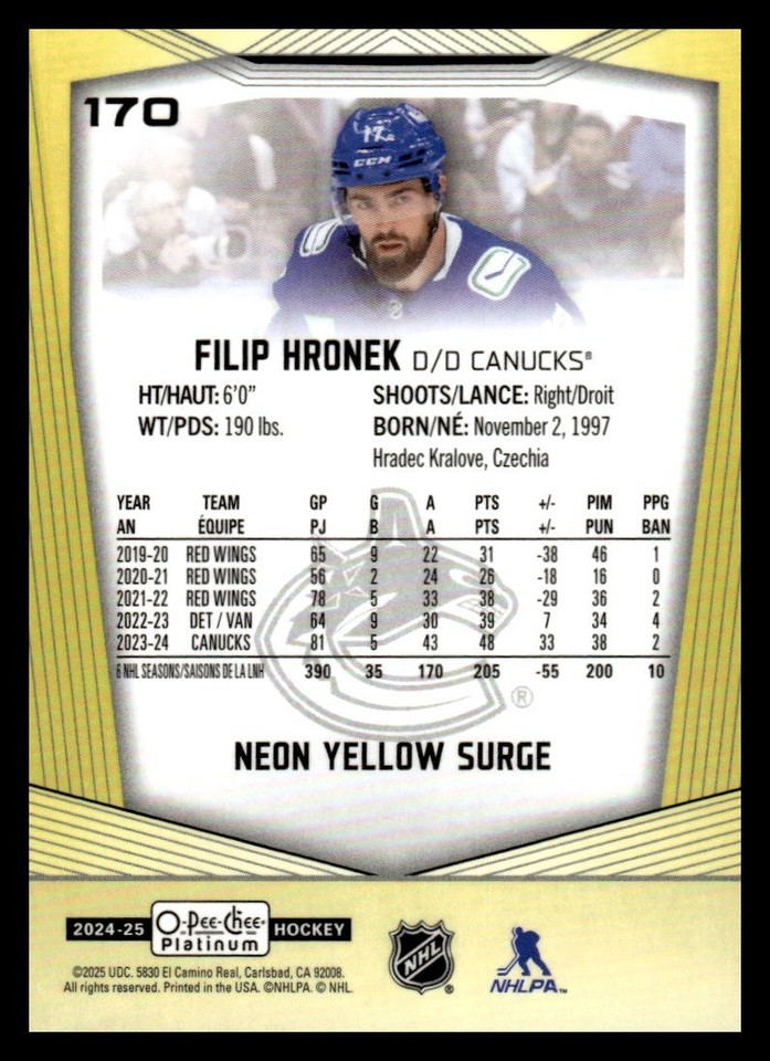 2024-25 UD OPC Platinum Neon Yellow 170 Filip Hronek - Vancouver ...