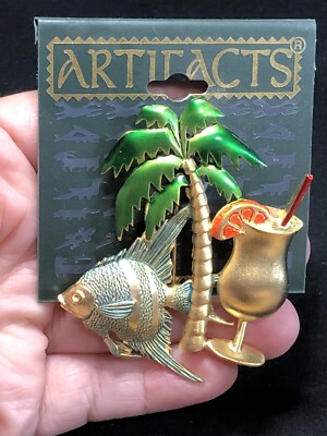 JJ Jonette Jewelry Tropical Fish Drink & Palm Tree Vacation Gold Tone ...