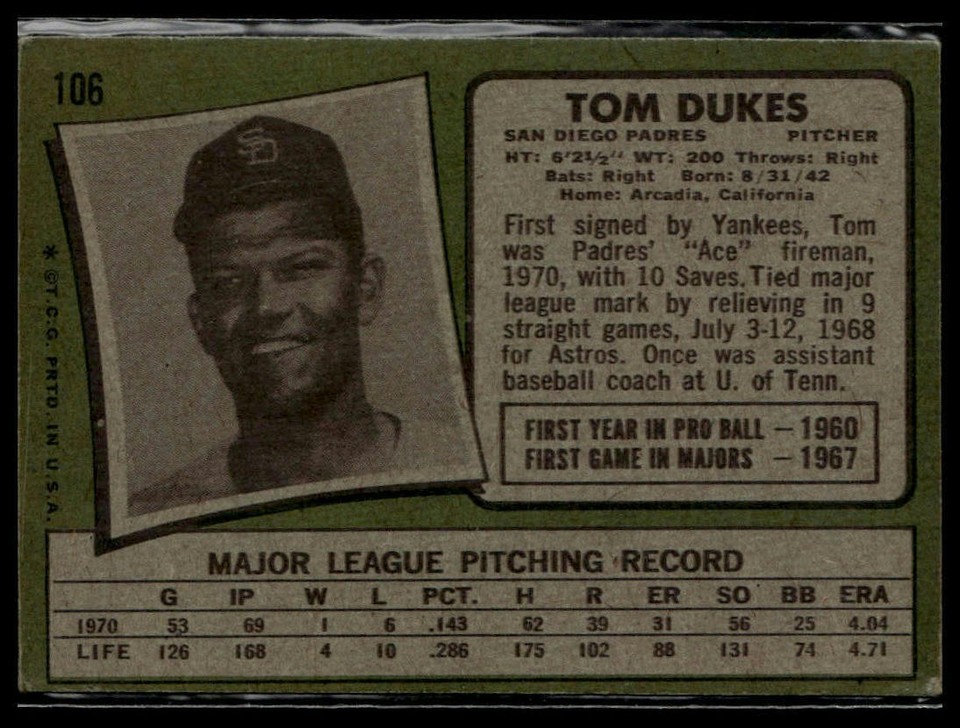 1971 Topps #106 Tom Dukes | eBay