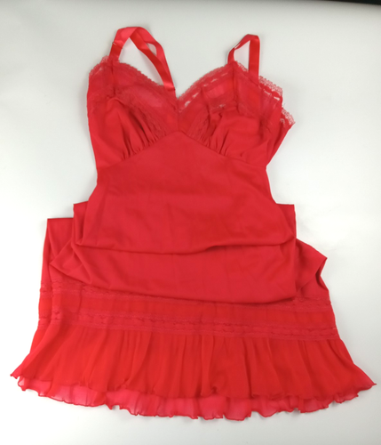 LOT OF 2 VTG SZ 38 SEXY Bombshell PIN-UP Red Lace & Ruffles SILKY Nylon ...