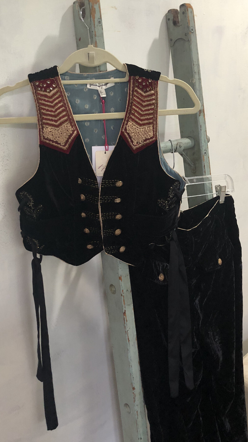 Free People Sign Of The Times Vest Suit Set Velvet Embroider Lace Up ...