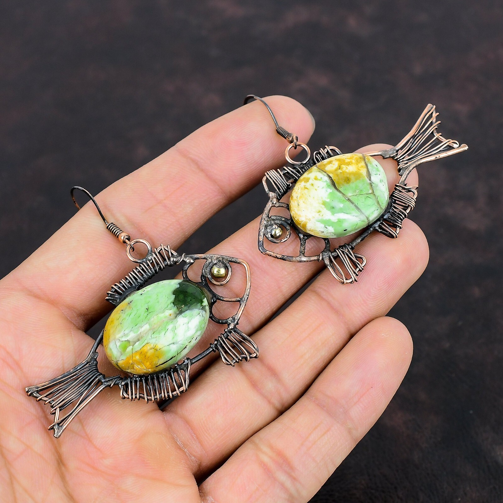 Gift Wire Wrapped Fish Earrings Copper Australian Chrome Chalcedony 2. ...