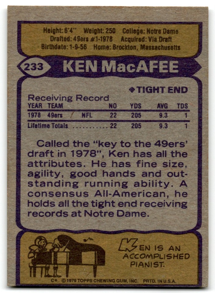 1979 Topps Ken MacAfee San Francisco 49ers #233 | eBay