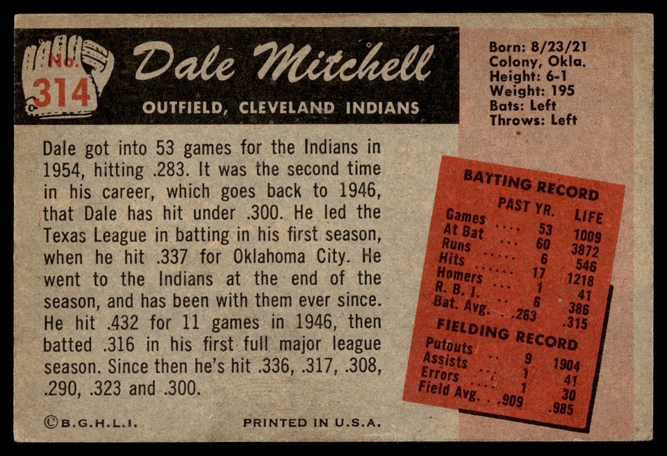 1955 BOWMAN DALE MITCHELL #314 CLEVELAND INDIANS HIGHER GRADE LOOKS ...