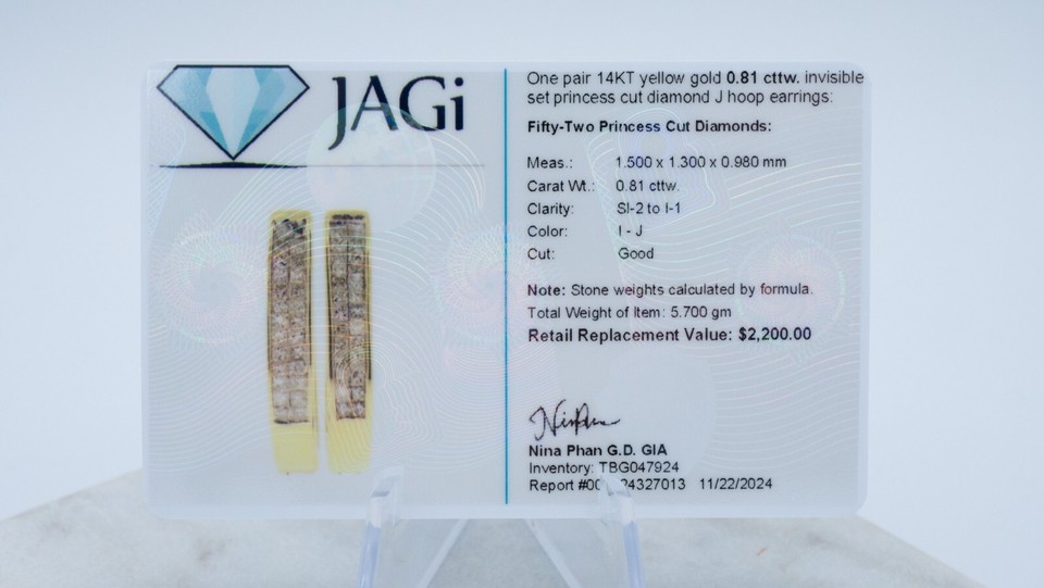 14KT Yellow Gold .81 CTTW Natural Princess Cut Diamond "J" Shape Hoops ...