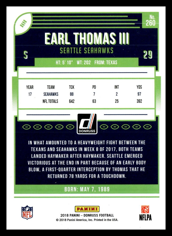 2018 Donruss #260 Earl Thomas III Seattle Seahawks Football Card | eBay
