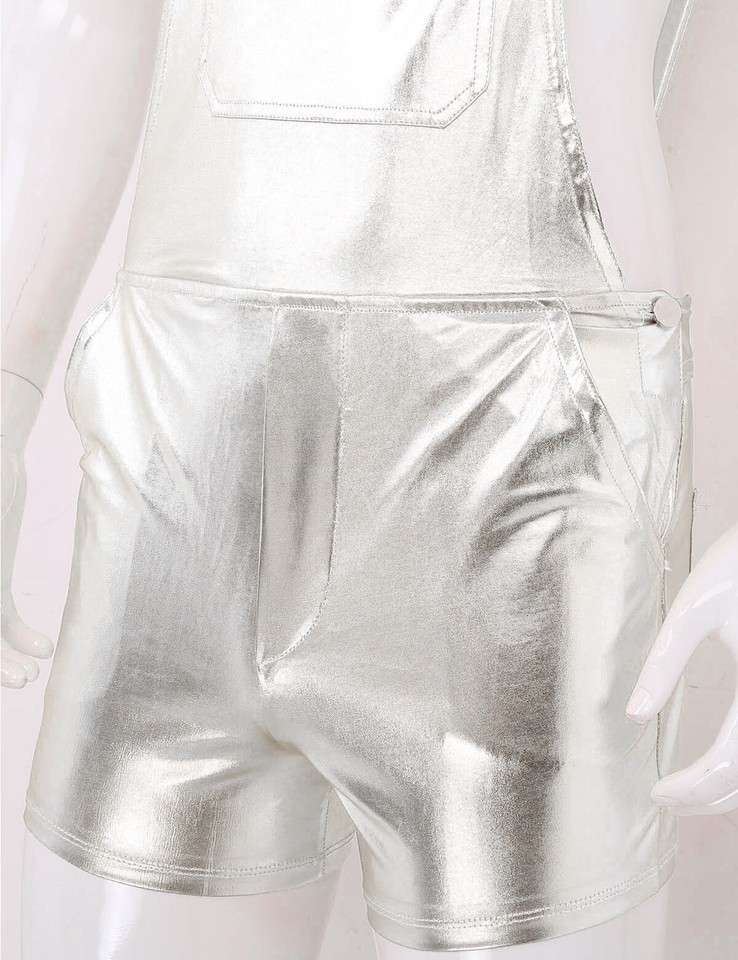 Mens Metallic Dungarees Shorts Bid Overalls Suspender Shorts Hot Pants ...