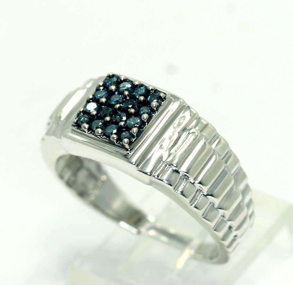 Sterling Silver Round Enhanced Blue Diamond Sculpted Step Shank Band ...