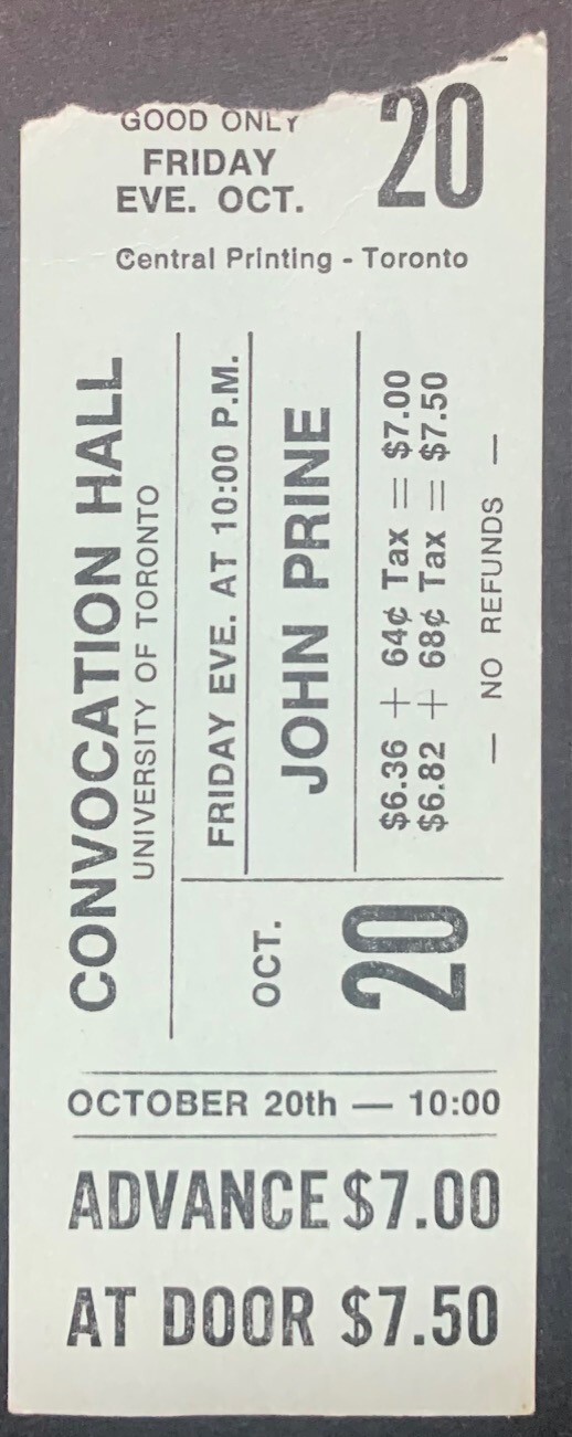 c1970s John Prine UofT Convocation Hall Concert Ticket Stub Music ...