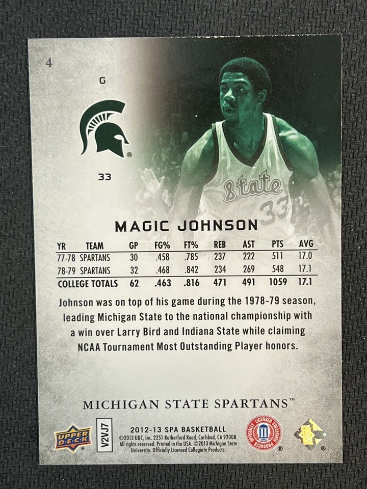 2012 SP Authentic Magic Johnson #4 Michigan State Spartans Los Angeles ...