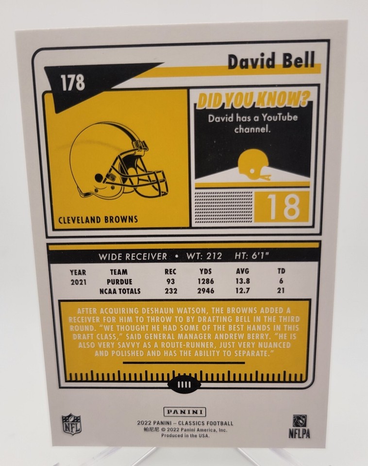 David Bell ROOKIE 2022 Panini Classics Football #178 Cleveland Browns ...