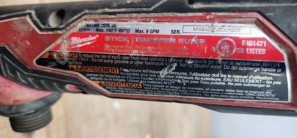 Milwaukee 2579-20 M12 Cordless Stick Transfer Pump ***TOOL ONLY, PARTS ...