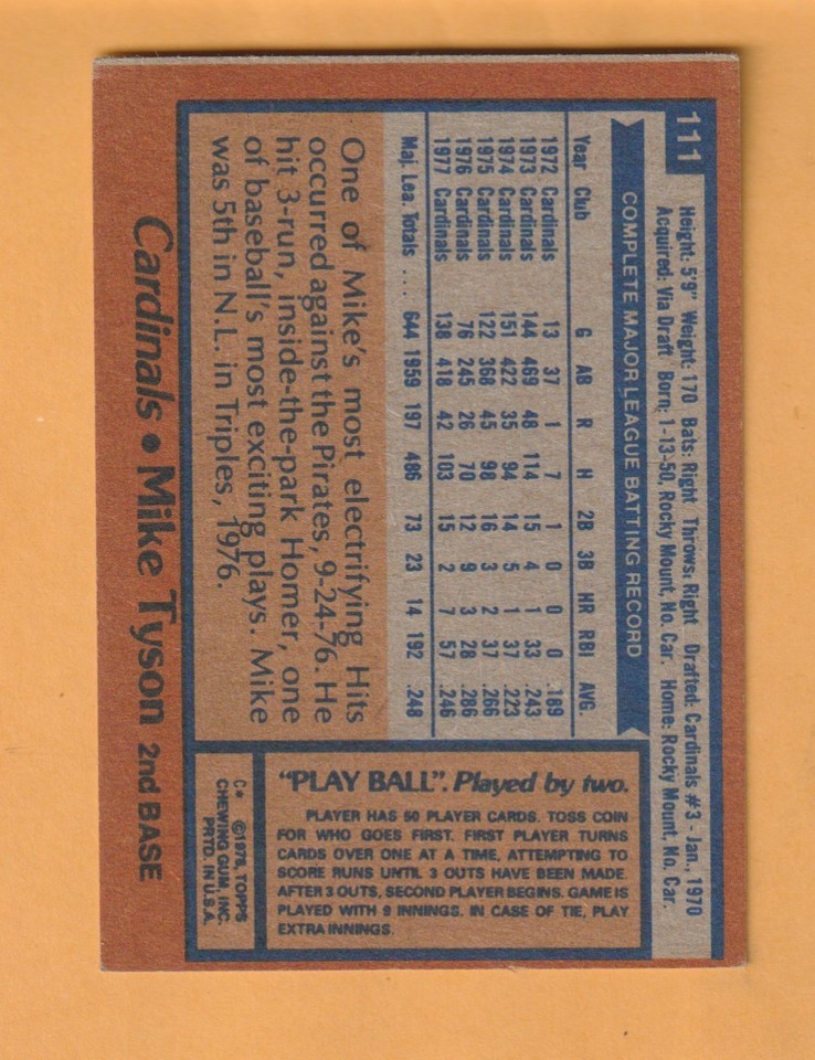 Mike Tyson St. Louis Cardinals AUTO Signed 1978 Topps Rocky Mount North ...
