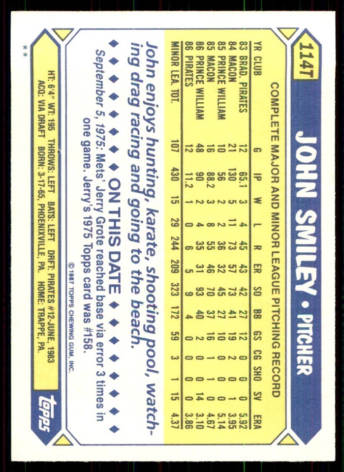 1987 Topps Traded. John Smiley Baseball Cards #114T | eBay