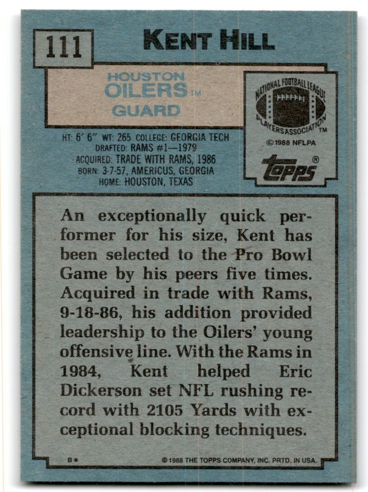 1988 Topps Kent Hill Football Cards #111 | eBay