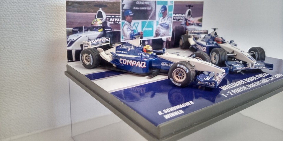 2 CAR SET 1/43 Minichamps WILLIAMS BMW FW24 ONE TWO FINISH MALAYSIAN GP ...