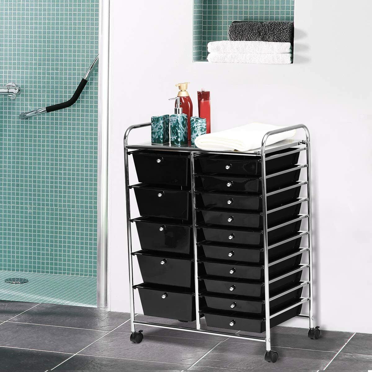 Black 15 Drawer Organizer Cart Chrome Rolling Storage Craft Office ...