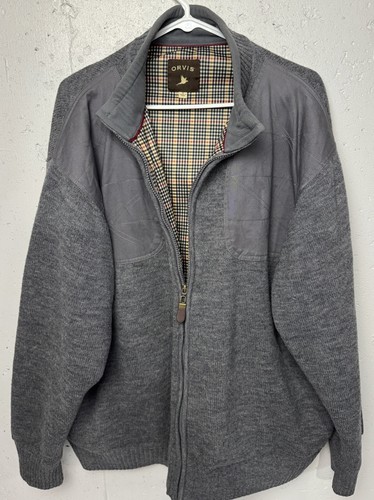 Orvis Sweater Jacket Mens XL Gray Wool Shooting Hunting Full Zip Plaid ...