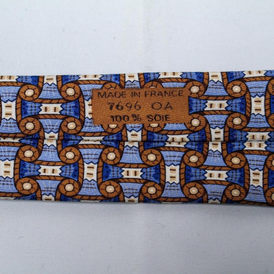 Hermes Silk Tie All Over Pattern Brown Blue Model 7696 OA Vintage ...