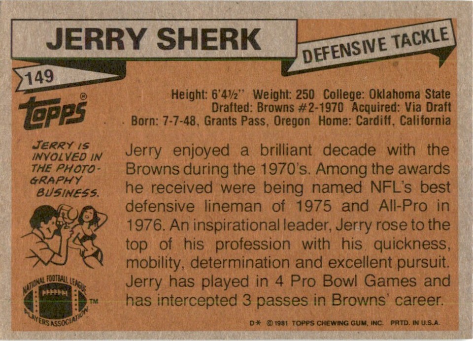1981 Topps JERRY SHERK Cleveland Browns #149 | eBay