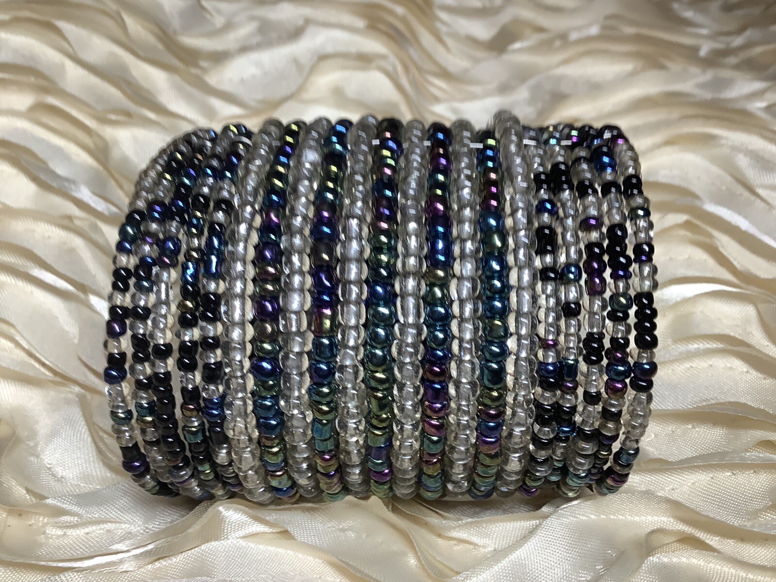 Rainbow Wide Seed Bugle Bead Memory Wire Wrap Cuff Br… - Gem