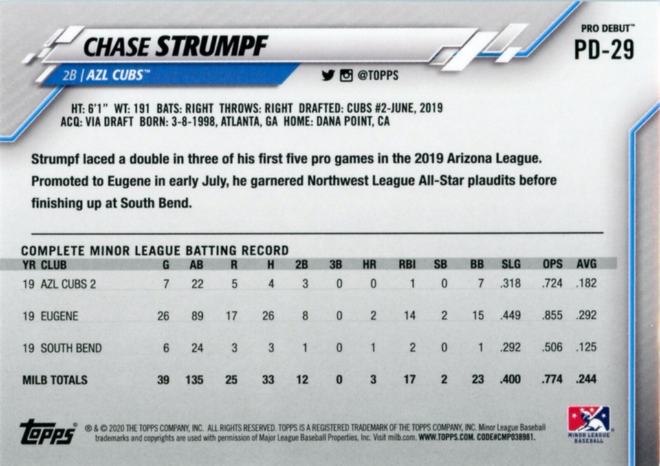 2020 Topps Pro Debut Chase Strumpf AZL Cubs #PD-29 Chicago Cubs | eBay
